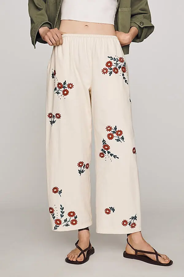 The Great. Embroidered Cotton Wide Leg Pants - White
