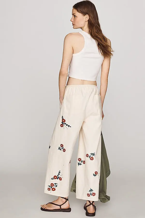 The Great. Embroidered Cotton Wide Leg Pants - White