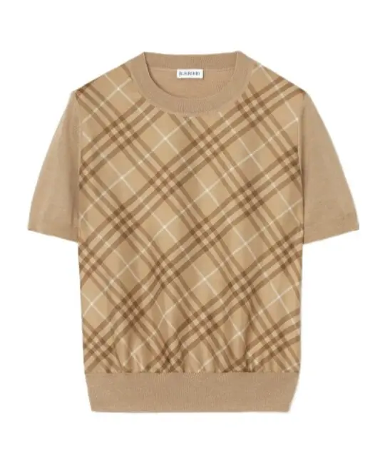 Burberry Check Panel Wool Silk T-shirt - Camel