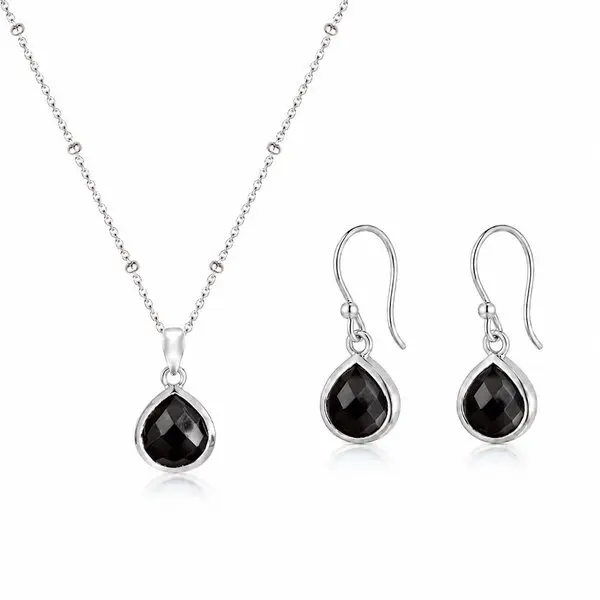 THE JEWELLERY STORE LONDON Sterling Silver Pear-shaped Black Onyx Pendant Necklace And Drop Earrings Set - Silver/black