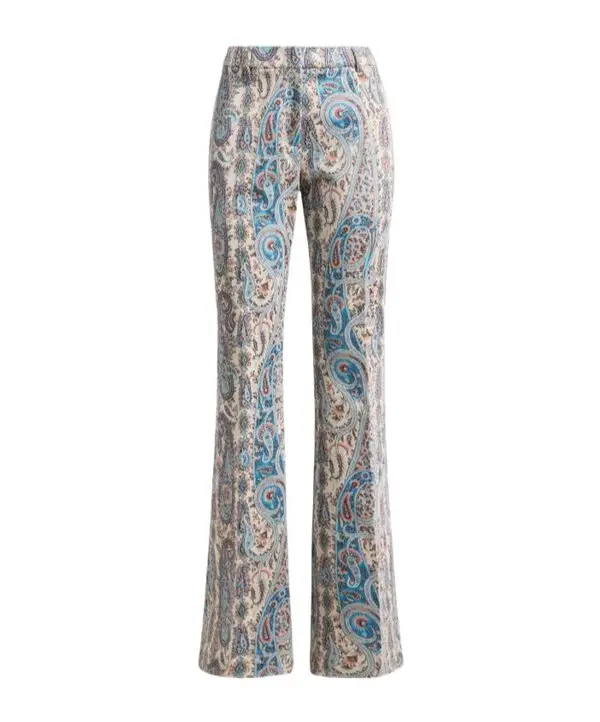 Etro Flared Cotton-blend Jacquard Trousers With Paisley Foliage Motif - Gray