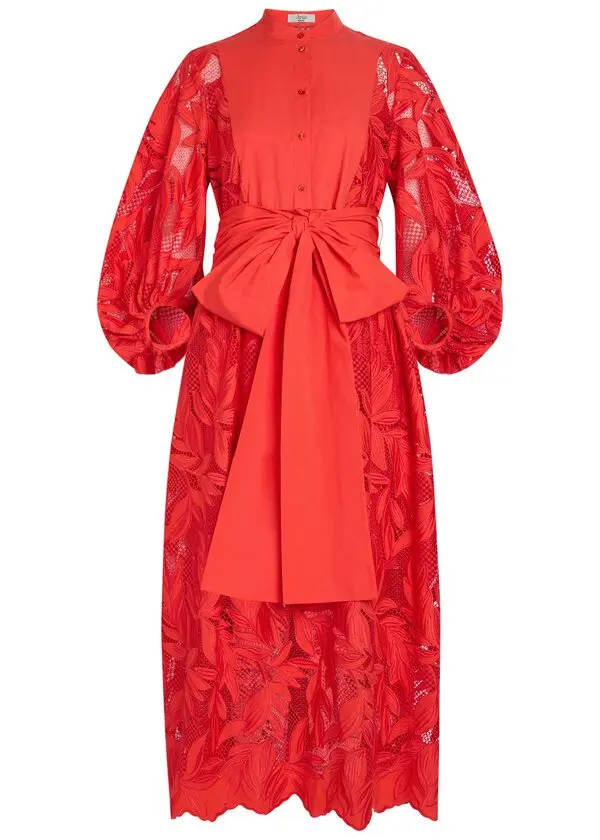 Erdem Floral Cutwork Poplin Midi Shirt Dress - Orange