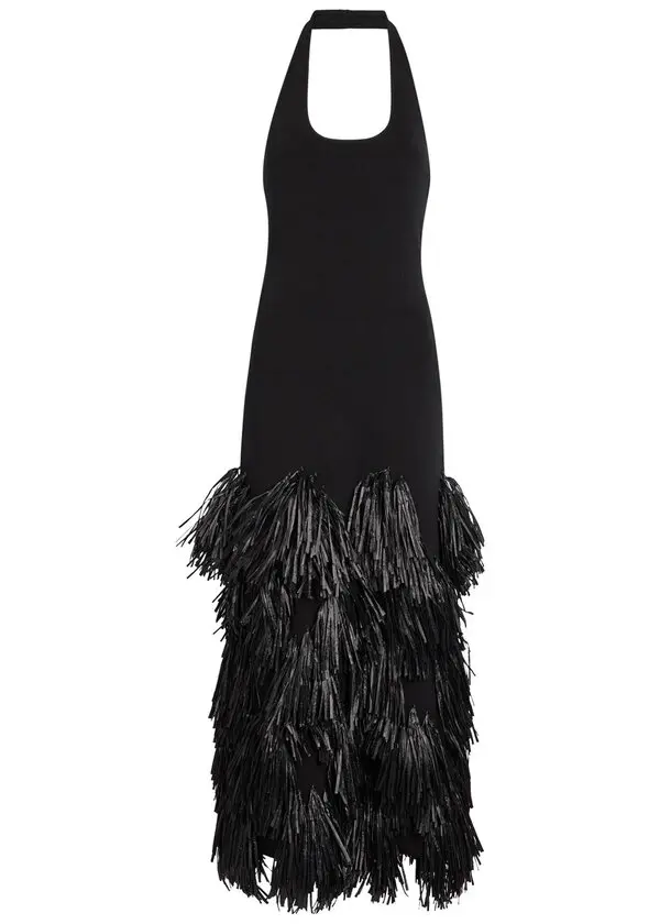 Aje Elva Fringed Raffia Knit Maxi Dress - Black