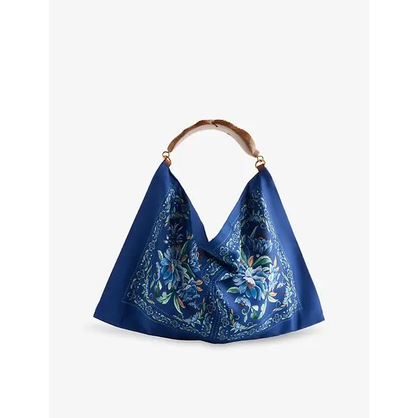 Farm Rio Printed Satin Scarf Bag With Wooden Handle - Blue