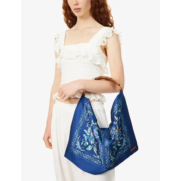 Farm Rio Printed Satin Scarf Bag With Wooden Handle - Blue