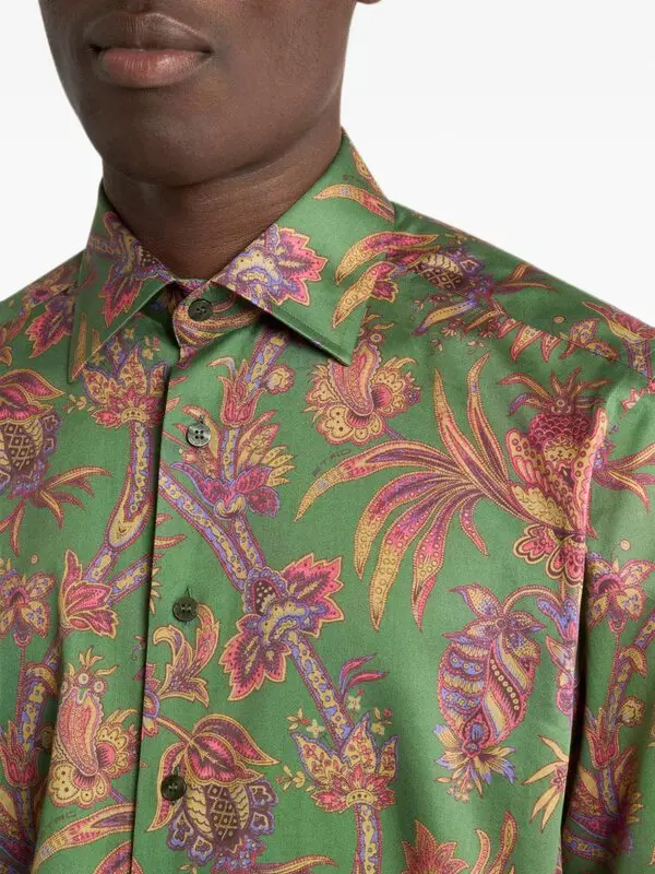 Etro Shirt In Cotton Satin With Floral Paisley Motif - Green