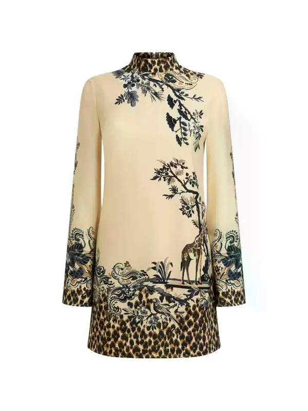 Etro Envers Satin Mini Dress With Front Print And Leopard Motif - Neutrals