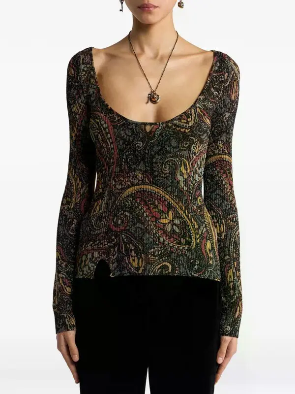 Etro Ribbed Sweater With Floral Paisley Motif - Black