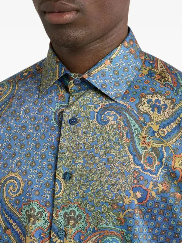Etro Shirt In Cotton Satin With Paisley And Tie Motif - Blue