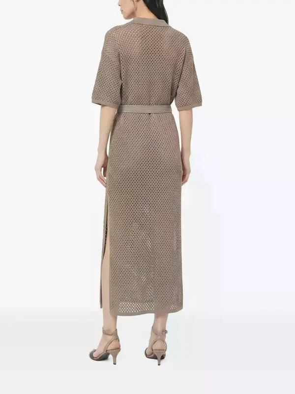 Brunello Cucinelli Belted Openwork Midi Dress - Brown