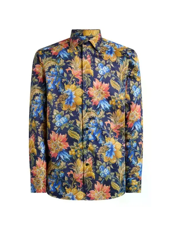 Etro Cotton Satin Shirt With Floral Motif - Blue
