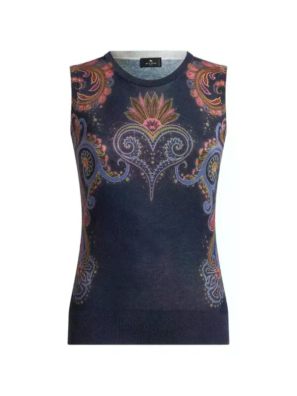 Etro Sleeveless Silk And Cashmere Top With Paisley Print - Blue