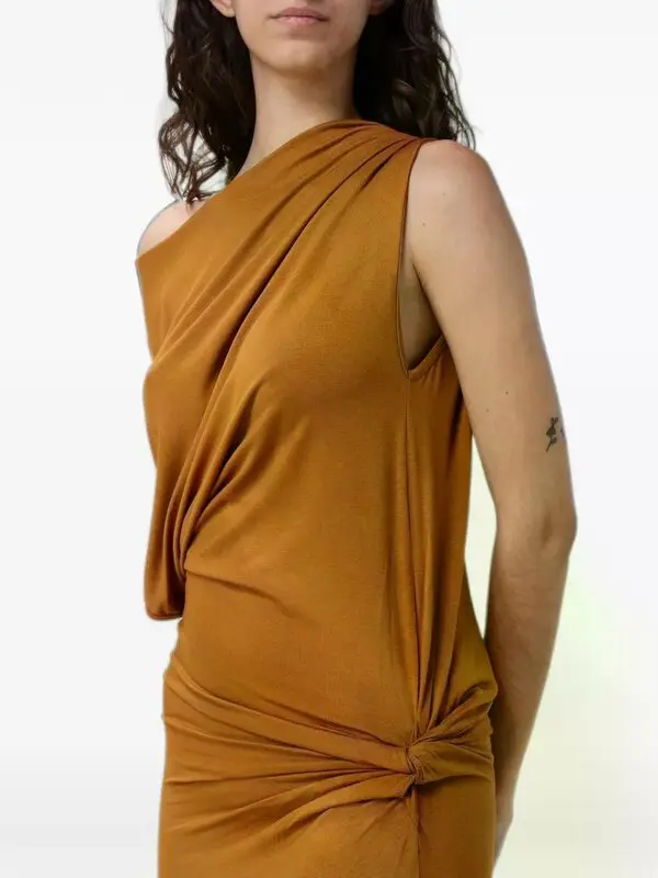120% Lino Draped Asymmetric Dress - Brown