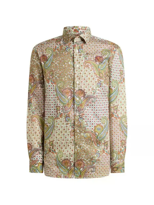 Etro Shirt In Cotton Satin With Paisley And Tie Motif - Neutrals