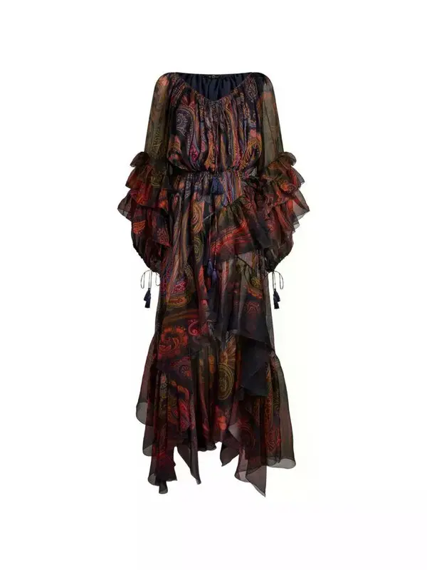 Etro Silk Midi Dress With Paisley Print And Ruffles - Blue