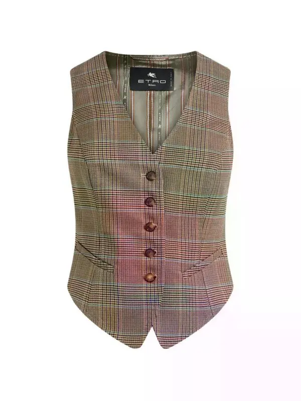 Etro Single-breasted Stretch Wool Waistcoat With Prince Of Wales Motif - Neutrals
