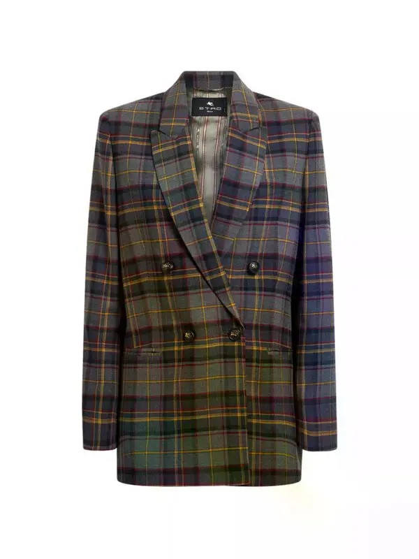 Etro Double-breasted Stretch Wool Jacket With Check Motif