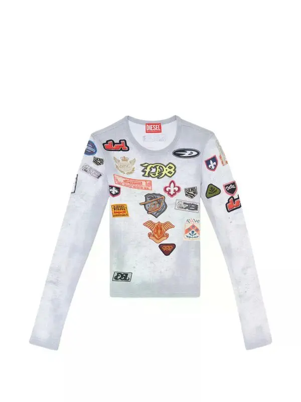 DIESEL® Ribbed Jersey Long-sleeve T-shirt With All-over Patch Print - Grey