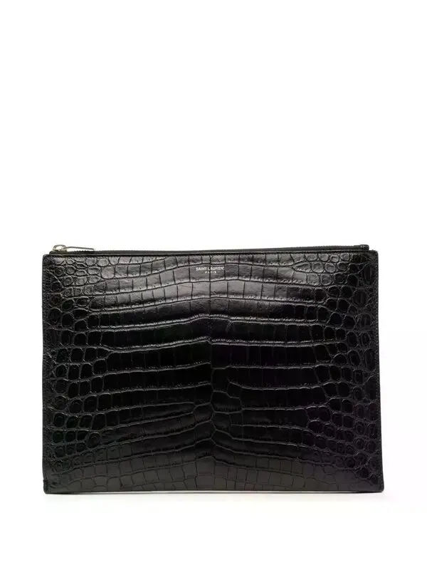 Saint Laurent Crocodile Embossed Leather Zipped Tablet Holder Clutch Bag - Black