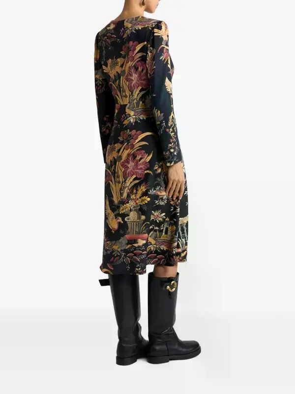 Etro Crepe Midi Dress With Floral And Animal Motif - Black