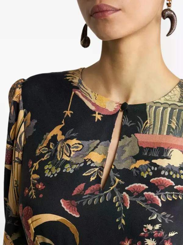 Etro Crepe Midi Dress With Floral And Animal Motif - Black