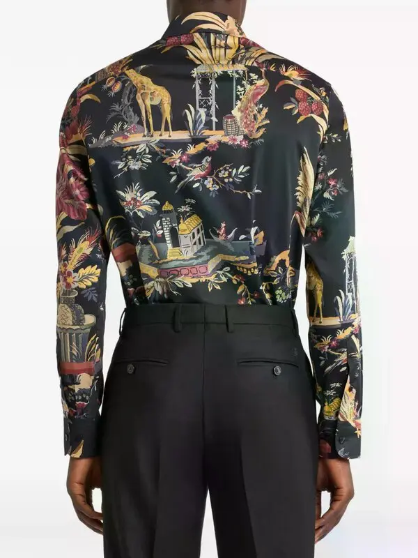 Etro Shirt In Cotton Satin With Flower And Animal Motif - Black