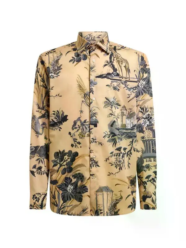 Etro Shirt In Cotton Satin With Flower And Animal-motif - Neutrals
