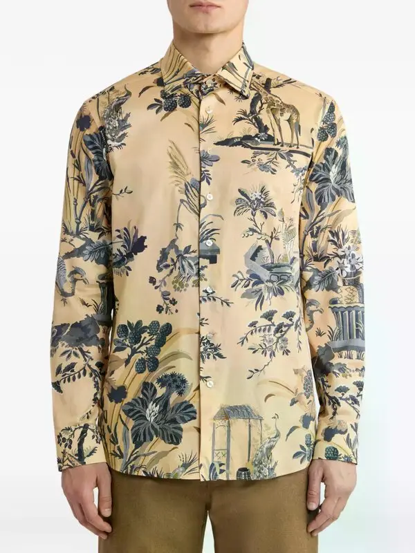 Etro Shirt In Cotton Satin With Flower And Animal-motif - Neutrals