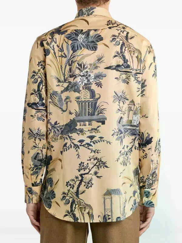 Etro Shirt In Cotton Satin With Flower And Animal-motif - Neutrals