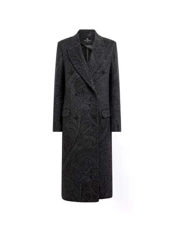 Etro Double-breasted Wool Jacquard Coat With Paisley Motif - Grey