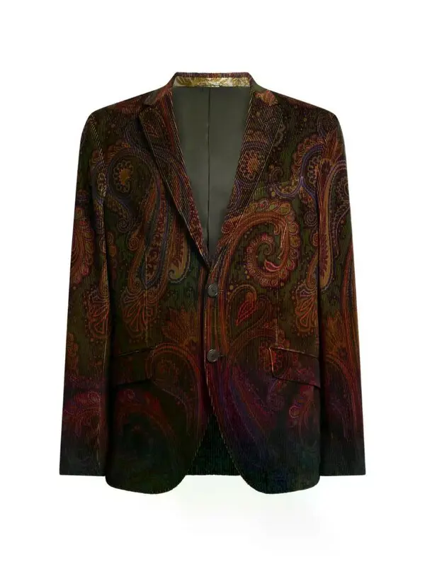 Etro Single-breasted Cotton Corduroy Jacket With Placed Degradé Paisley Print - Green