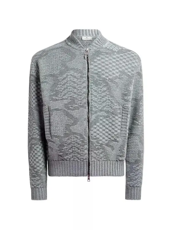 Etro Knit Wool-blend Bomber Jacket With Motif - Grey