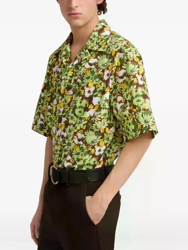 Marni Brown Poplin-shirt With Pop Flowers Print