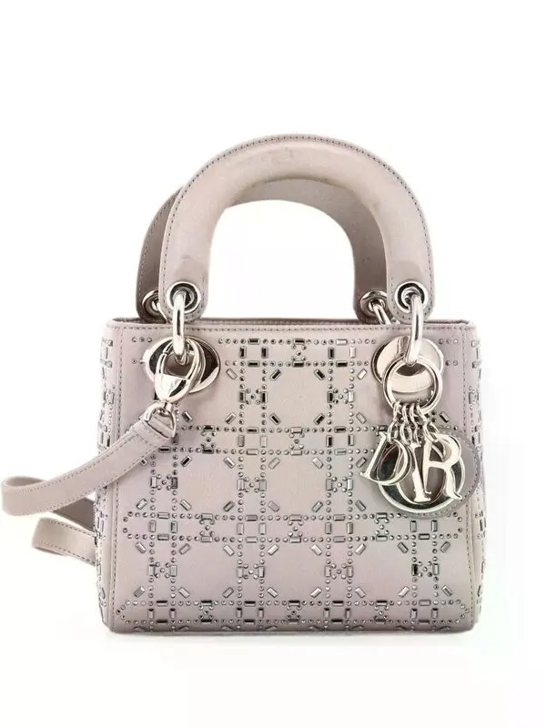 Dior Lady Bag Crystal Embellished Cannage Quilt Satin Mini Satchel - Grey
