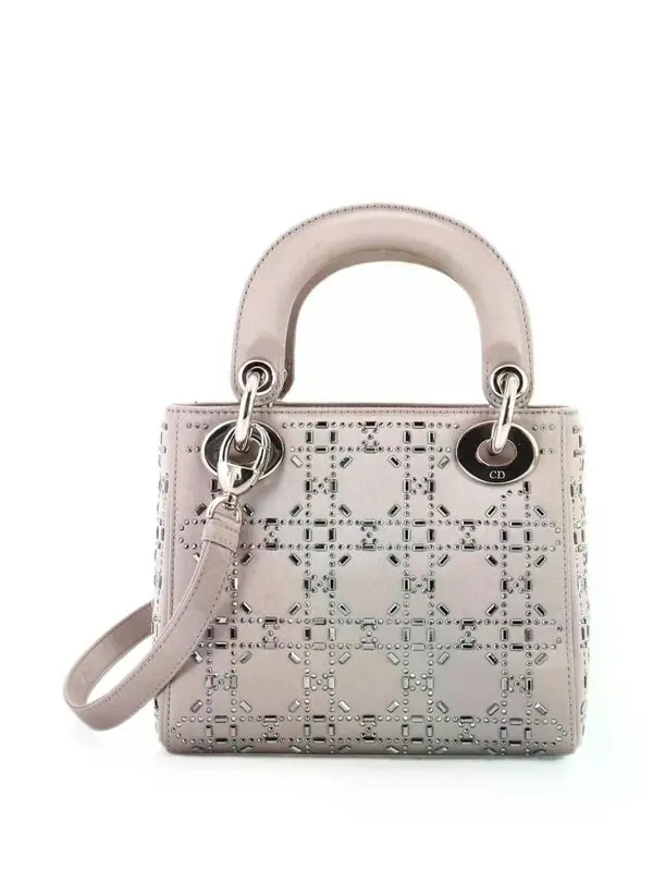 Dior Lady Bag Crystal Embellished Cannage Quilt Satin Mini Satchel - Grey