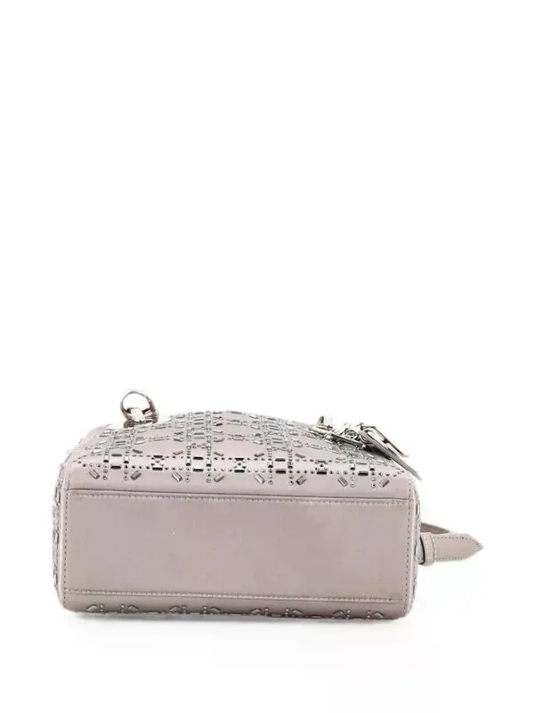 Dior Lady Bag Crystal Embellished Cannage Quilt Satin Mini Satchel - Grey