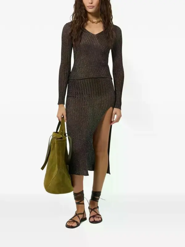 Missoni Metallic Thread Ribbed Knit V-neck Sweater - Brown
