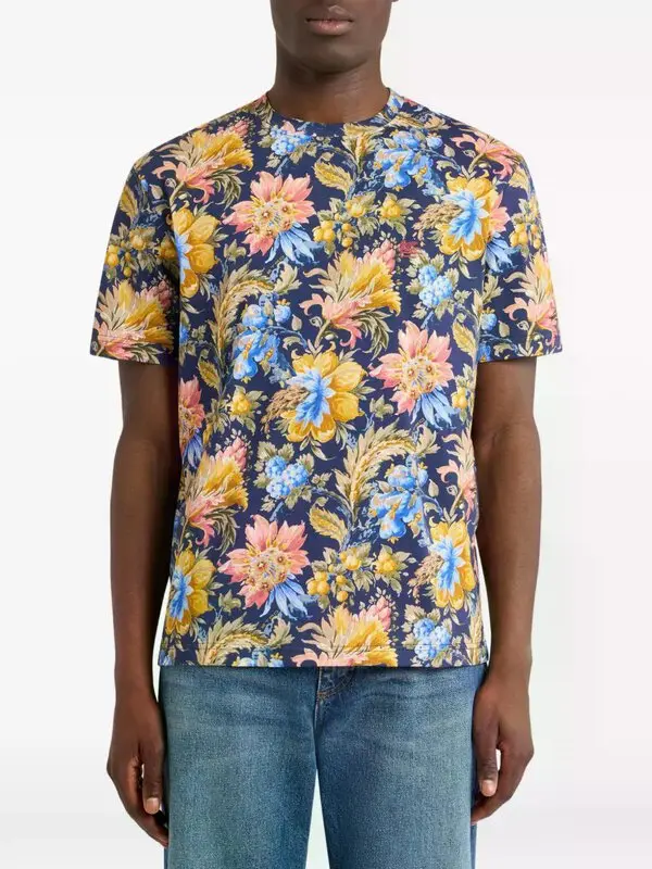 Etro Cotton-jersey T-shirt With Floral-motif - Blue