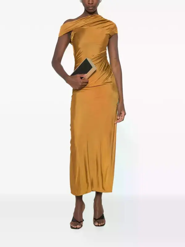 Galvan Toffee Satin Off-shoulder Draped Dress - Brown
