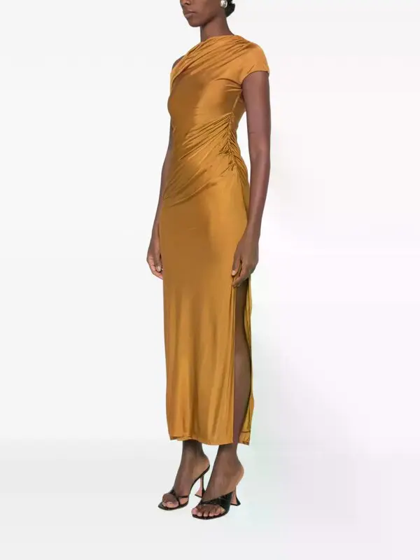 Galvan Toffee Satin Off-shoulder Draped Dress