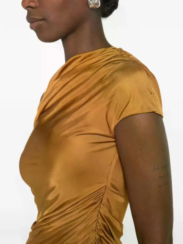 Galvan Toffee Satin Off-shoulder Draped Dress