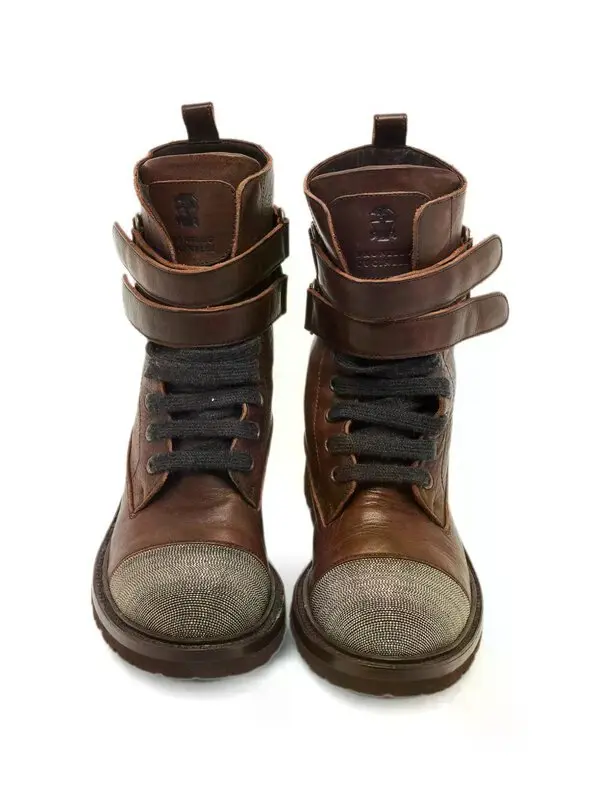Brunello Cucinelli Leather Monili Bead-embellished Cap Toe Combat Boots