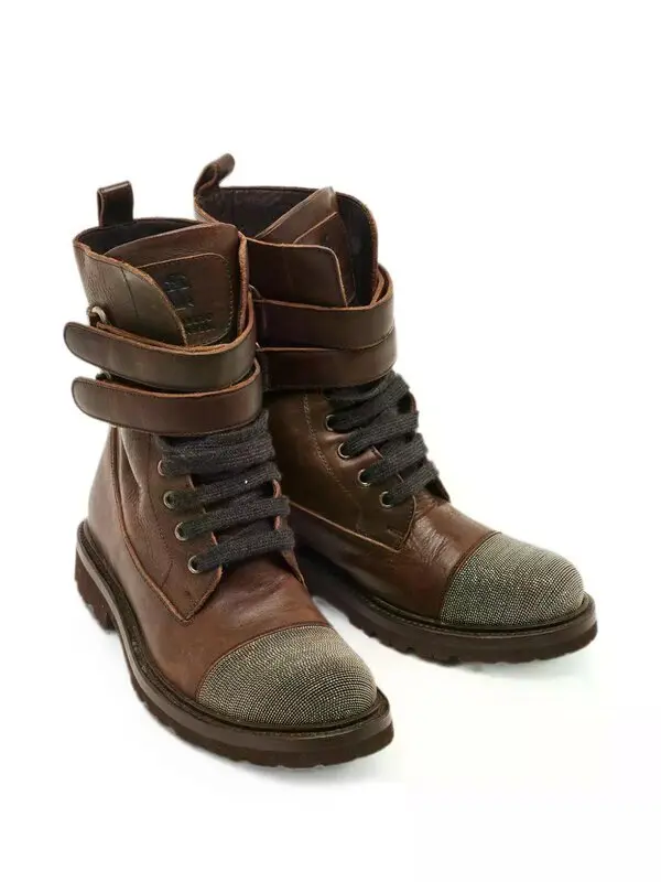 Brunello Cucinelli Leather Monili Bead-embellished Cap Toe Combat Boots