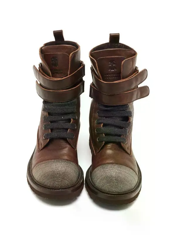 Brunello Cucinelli Leather Monili Bead-embellished Cap Toe Combat Boots