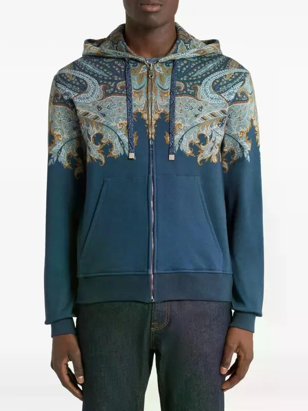 Etro Cotton-blend Hooded Sweatshirt With Paisley Print - Blue