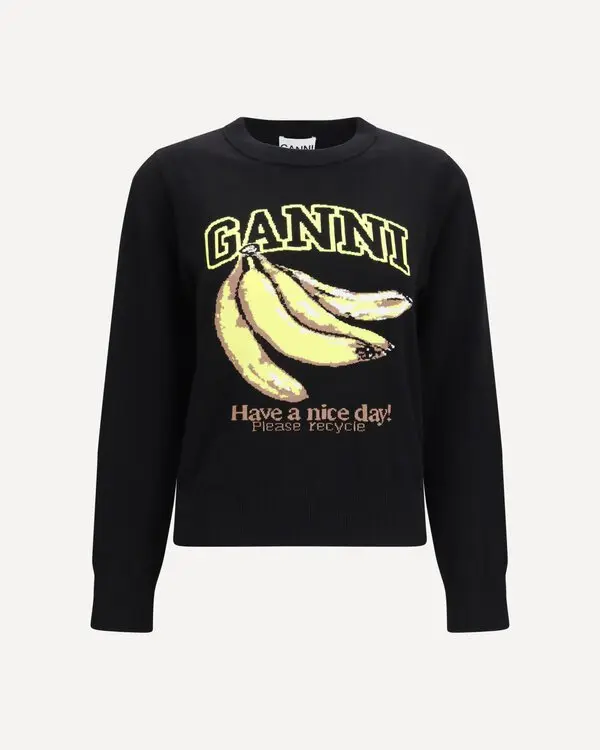 GANNI Banana Print Crew Neck Sweater - Black