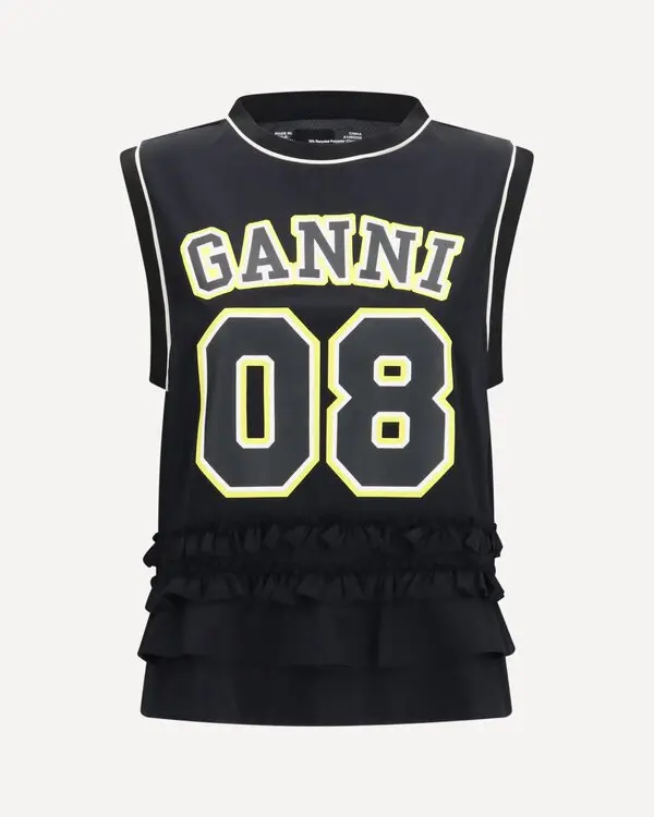 GANNI Cycora Oversized Tank Top With Ruffled Hem - Black