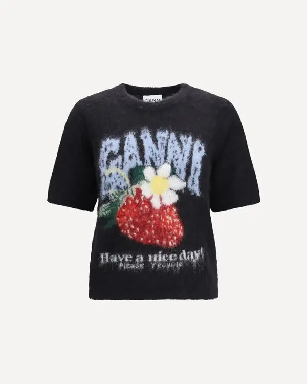 GANNI Alpaca & Wool-blend T-shirt With Strawberry Motif - Black