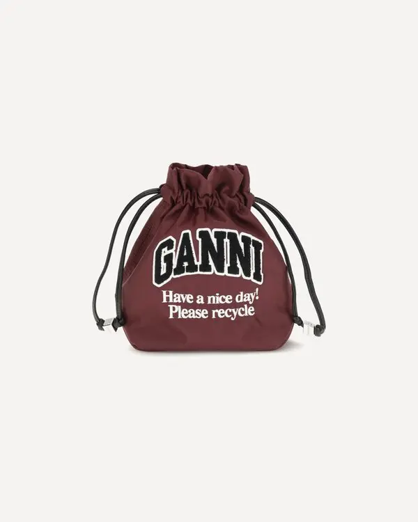 GANNI Nylon Pouch With Drawstring Closure And Logo Detail - Bordeaux