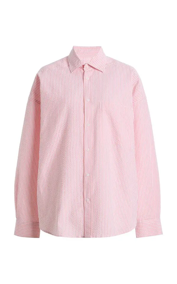 WITH NOTHING UNDERNEATH Exclusive The Weekend Striped Cotton Seersucker Shirt - Pink